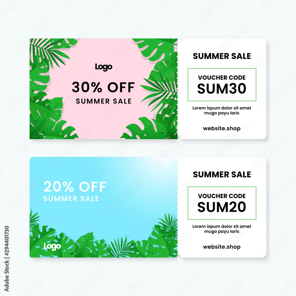 Summer gift voucher card template design with tropical leaf artwork ...