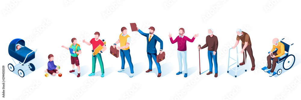 Set of isolated people in aging stages. Men generation growth. Infancy ...