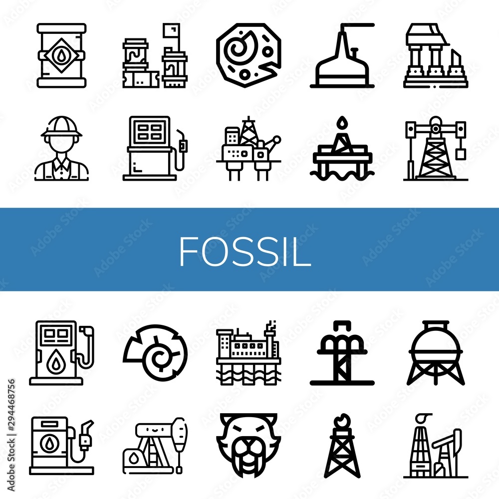 Set of fossil icons such as Oil tank, Archaeologist, Barrels, Fuel ...