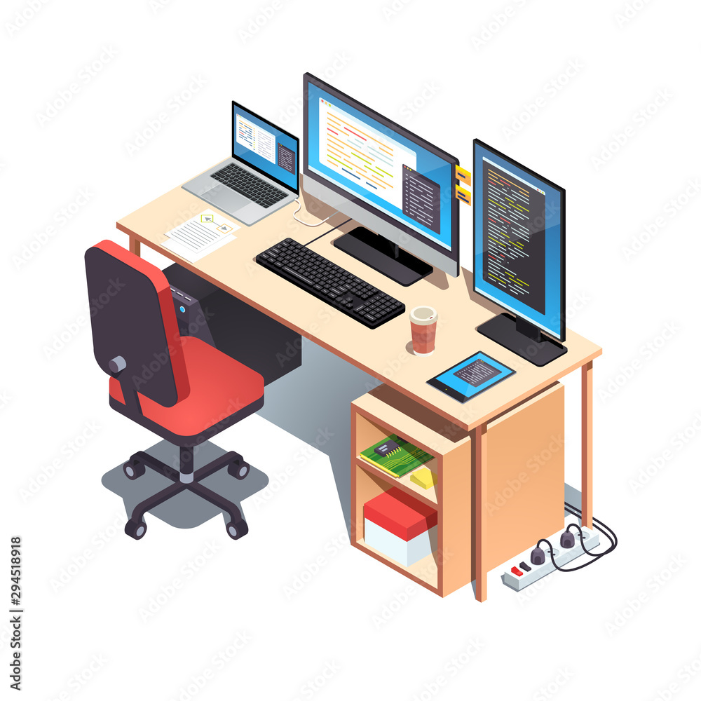 Stock Vektorgrafik Laptop computer desktop pc setup table with chair Adobe Stock