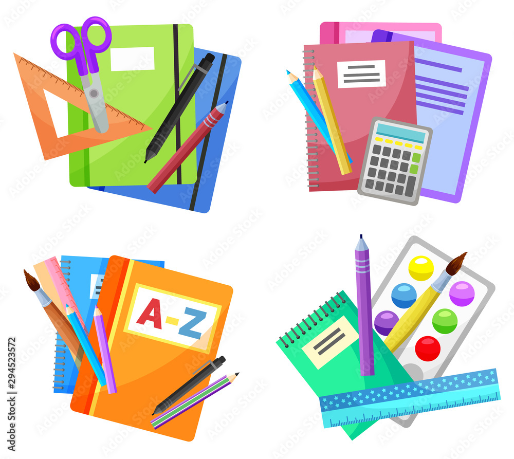Colorful school supplies isolated on white. Set of copybook, pencils ...