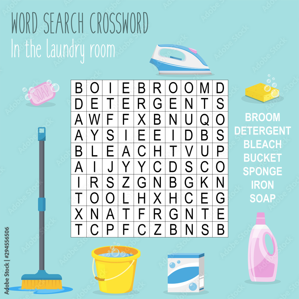 Easy word search crossword puzzle 'In the laundry room', for children ...