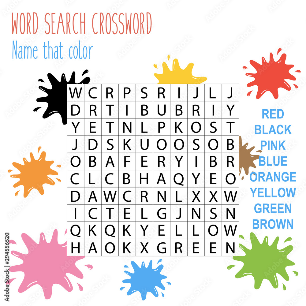 Easy word search crossword puzzle 'Name that color', for children in ...
