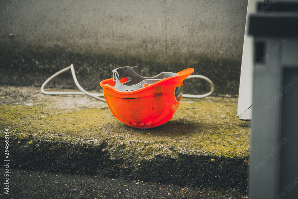 forgotten work helmet of a worker on a construction site Stock Photo ...