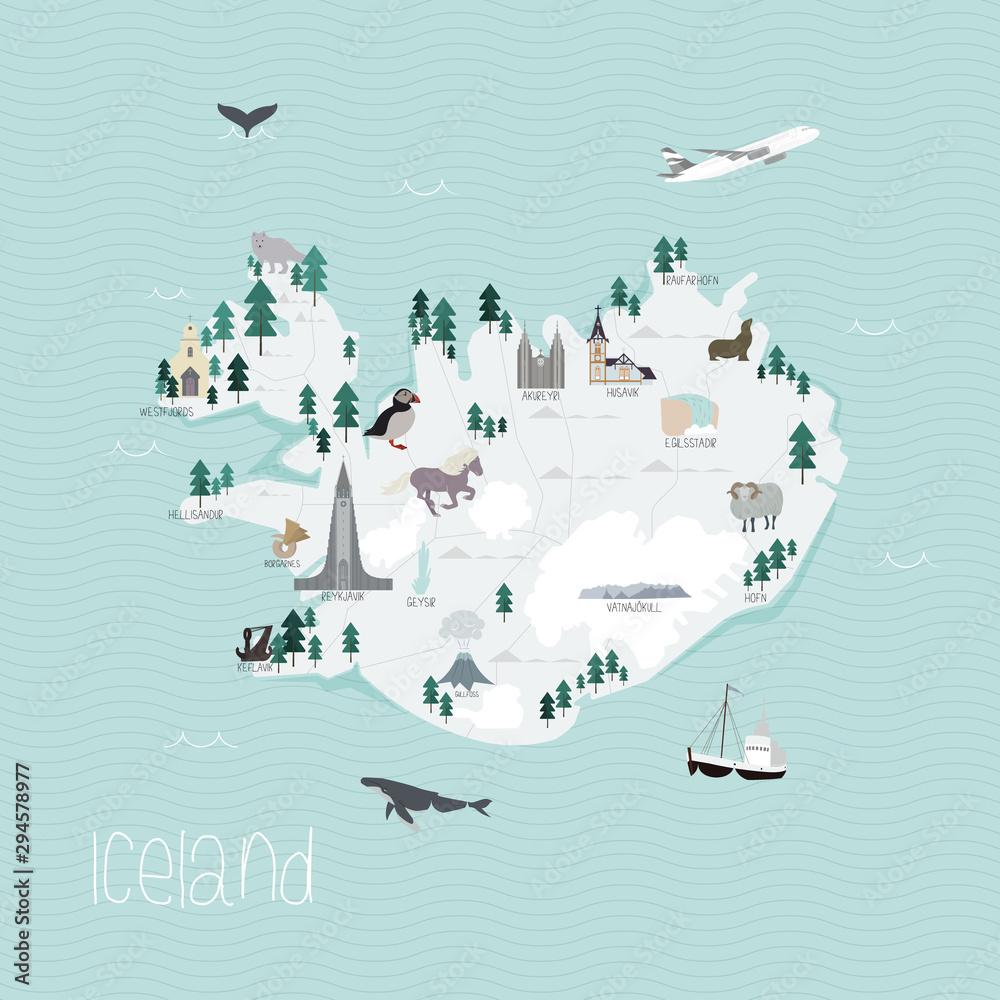 Стоковое векторное изображение «Cartoon map of Iceland. Flat vector ...