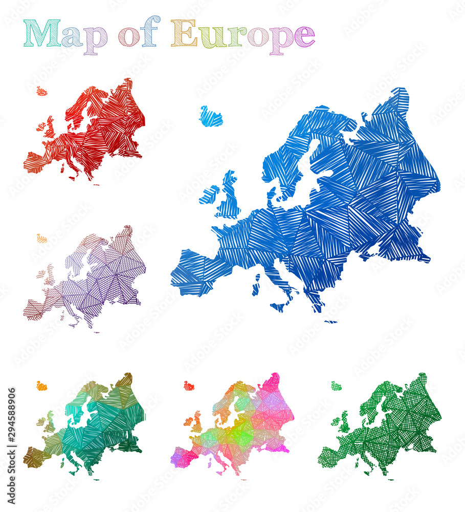 Hand-drawn map of Europe. Colorful continent shape. Sketchy Europe maps ...