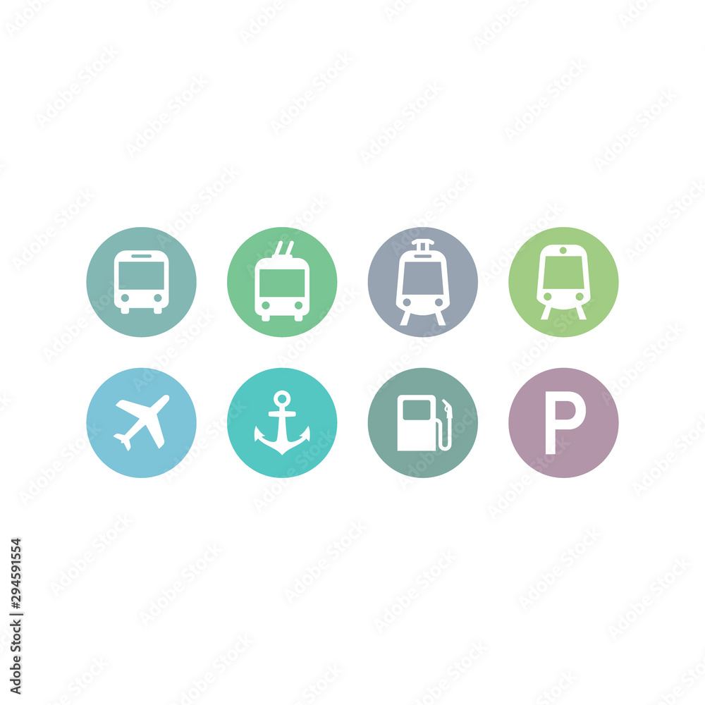 Bus, train, subway station, marine port vector symbols. Circle location ...