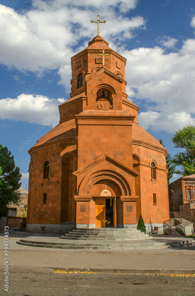 Facade of the Catholic Cathedral of the Holy Martyrs with a cross on ...