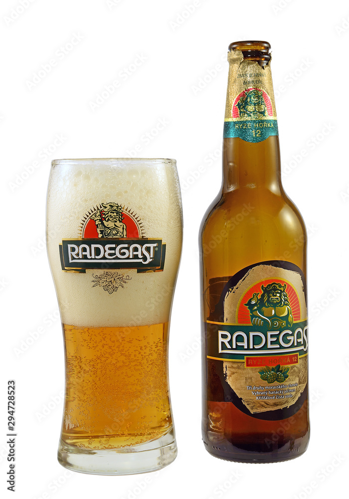 Premium beer Radegast, white background. Redegast Brewery is one of the ...