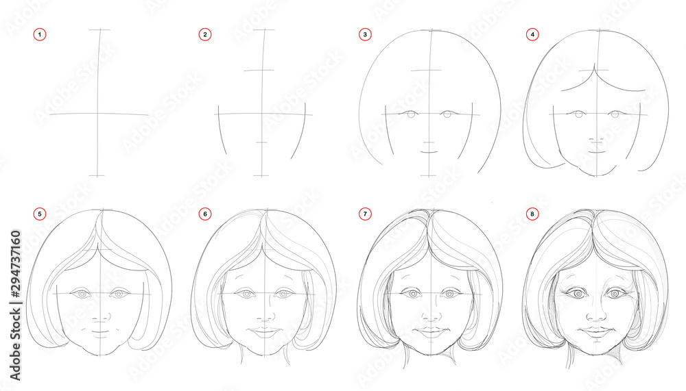 How to draw step-wise imaginary portrait of cute smiling little girl ...