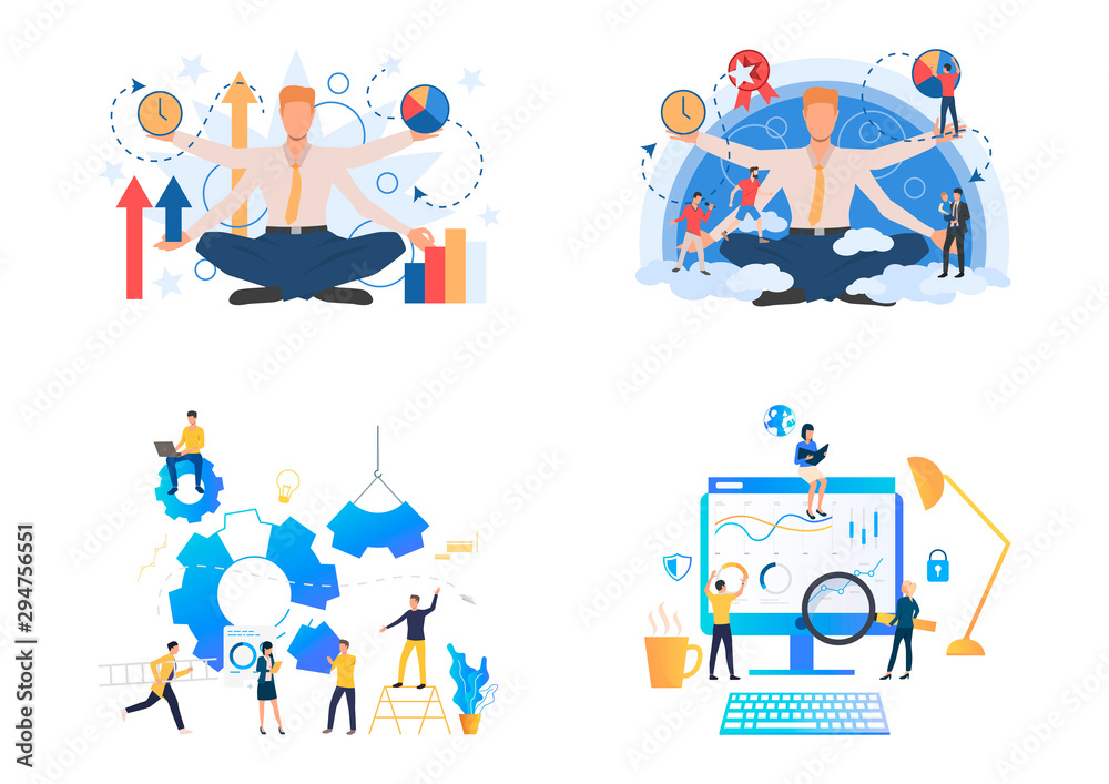 Multitasking illustration set. People meditating, constructing graphs ...
