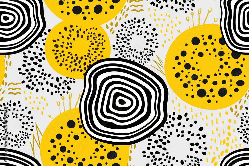 Seamless abstract geometric and nature-inspired shapes in black, bright ...
