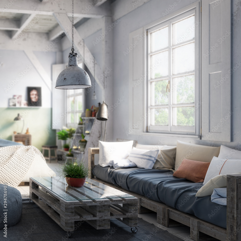 Truss Loft with Pallet Furniture (detail) - 3d visualization Stock ...