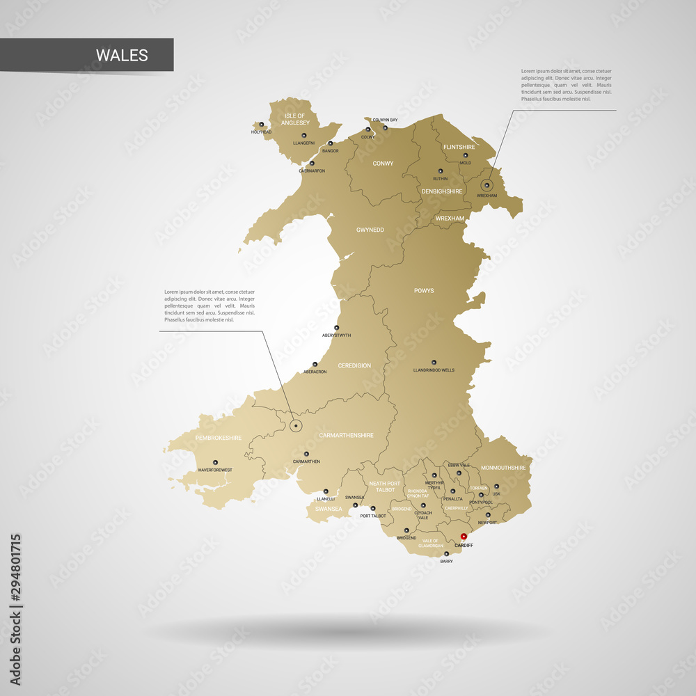 Stylized vector Wales map. Infographic 3d gold map illustration with ...