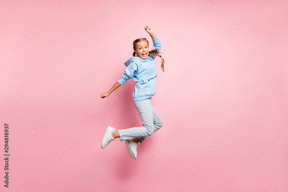 Full length body size side profile photo of cheerful positive cute ...