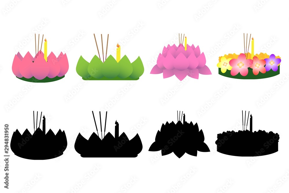 Loy Krathong,Set of colorful and silhouette Krathong design isolated on ...