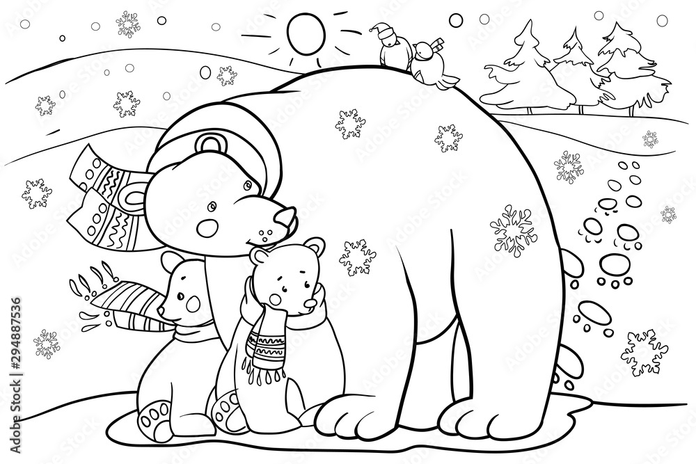 Polar bear with cubs, cartoon character, coloring book for children ...