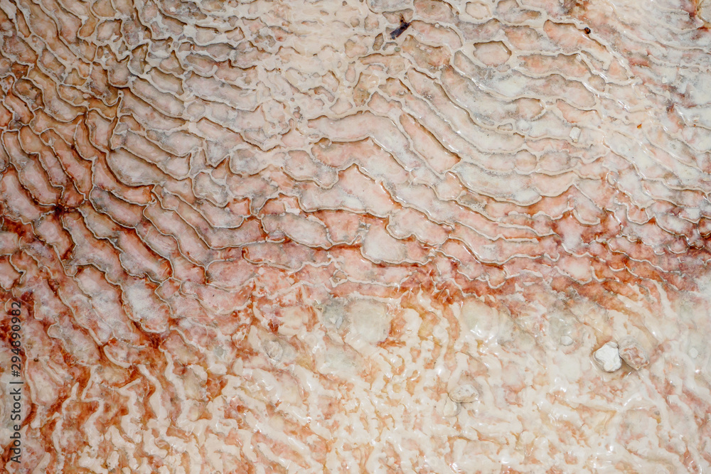 Undulatory texture of white calcite stalactites covering a cascade of ...