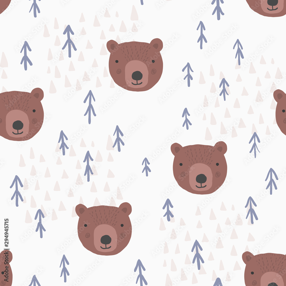 Cute seamless pattern with cartoon brown bears heads, blue fir trees ...