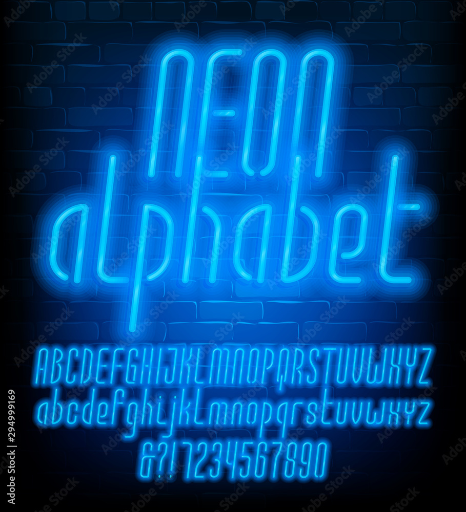Neon alphabet font. Uppercase and lowercase narrow letters. Blue neon ...