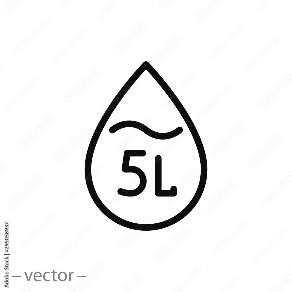 5 liters icon, fluid volume in liters, liquid drop, thin line web ...