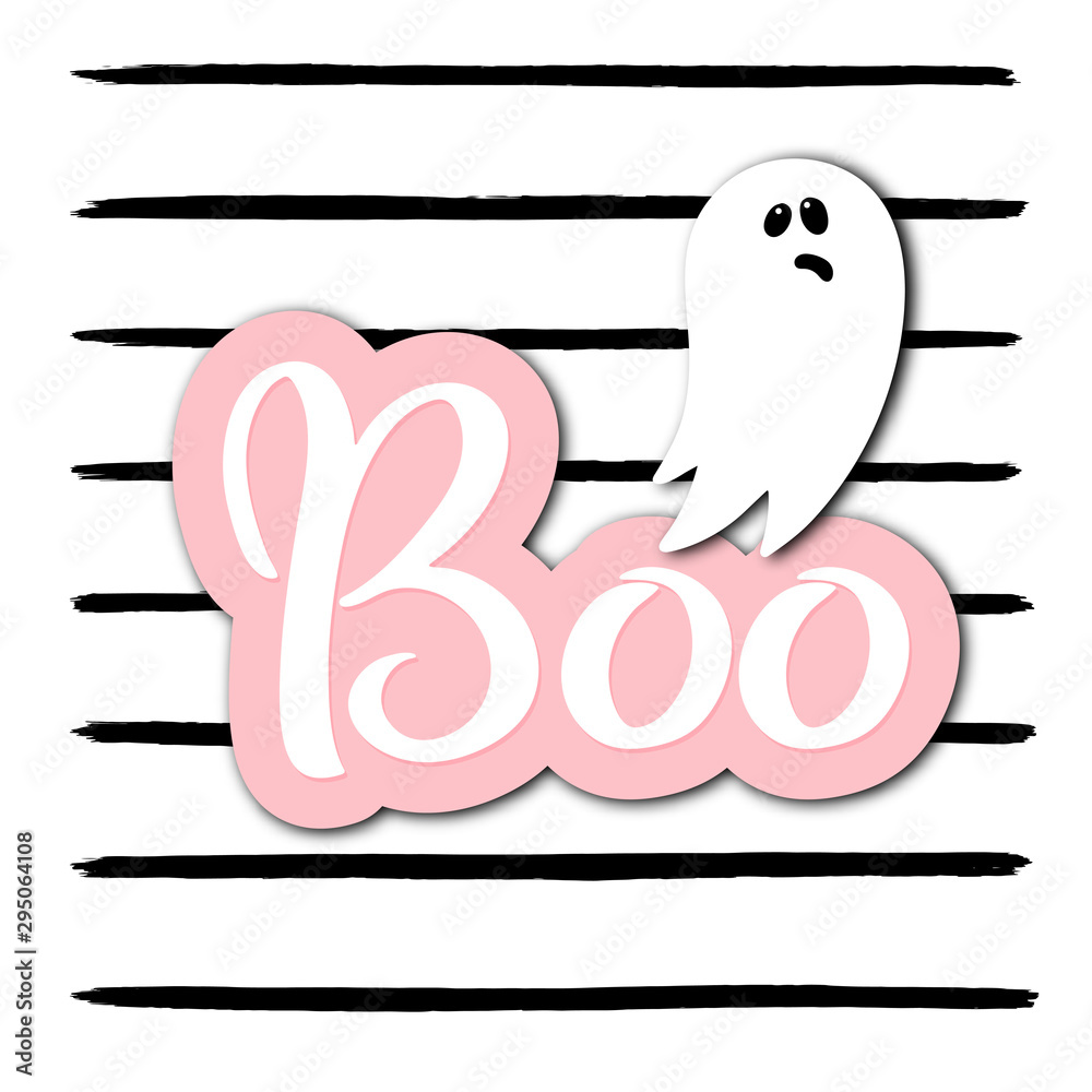 Ghost character and boo hand drawn text poster for pink Halloween party ...