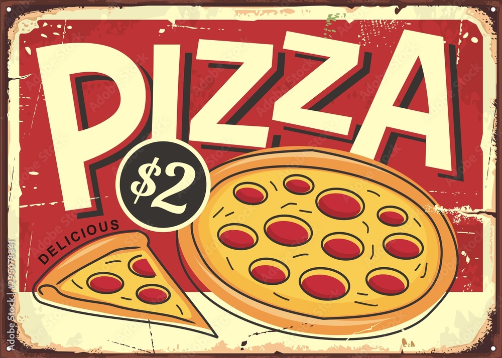 Cartoon style pizzeria sign with pepperoni pizza and pizza slice. Comic ...