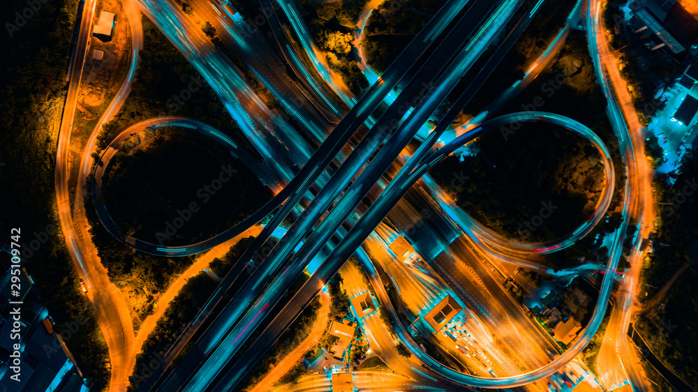 Aerial top view of toll expressway payment point, Road traffic an ...