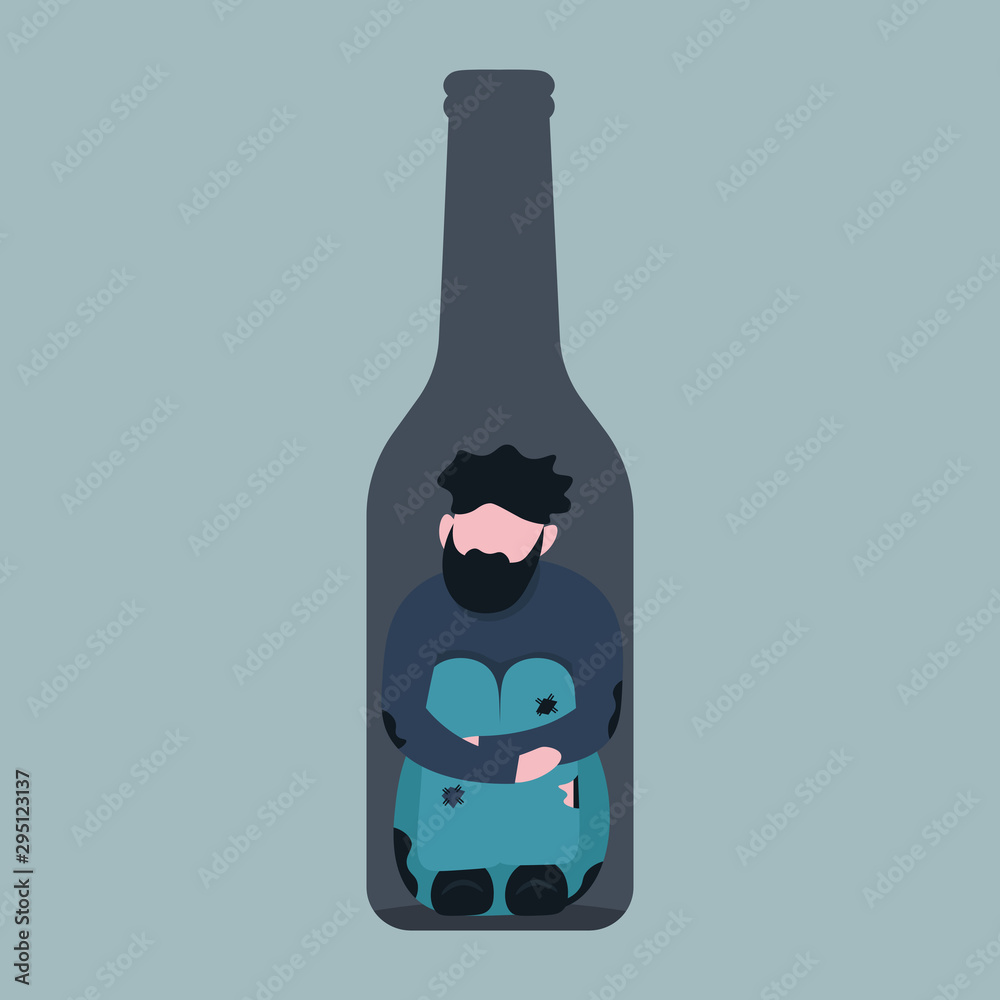Sick drunk man in the bottle of wine. Concept flat vector illustration ...