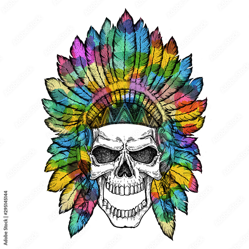Human skull in native american indian chief headdress. Tribal, ethnic ...