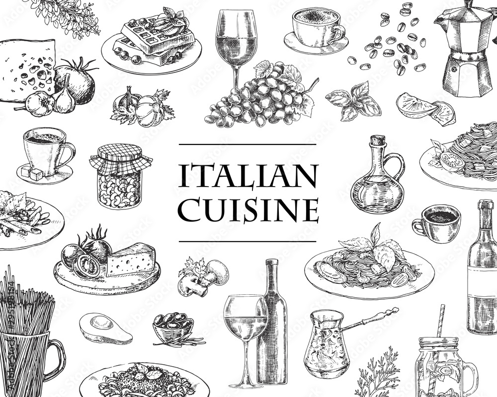 Italian Cuisine vector illustration. Set of traditional italian dishes ...
