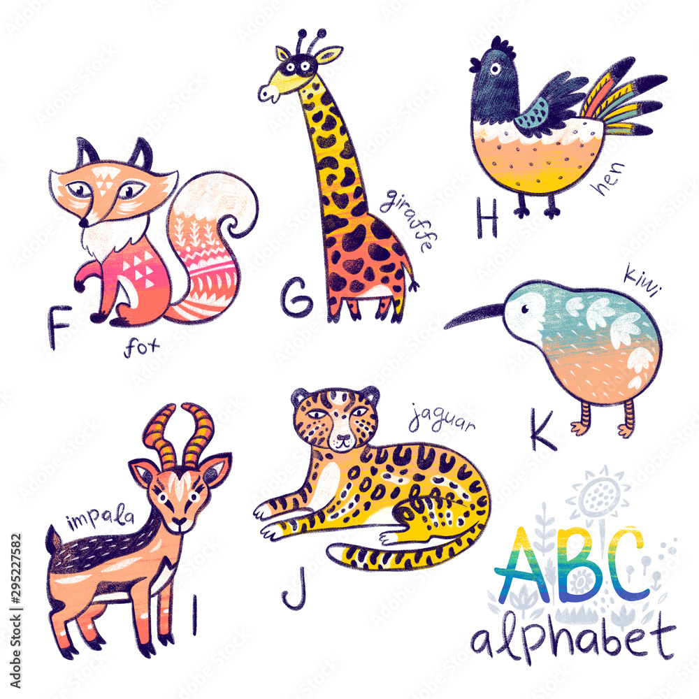 Cute zoo alphabet drawing in a chalk style. Set of animals for learning ...
