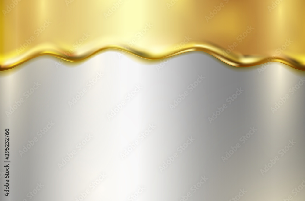Gold melt on silver foil background. Golden oil drip, metal flow ...