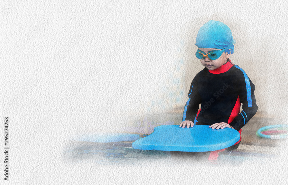 One girl wearing a swimsuit uses a foam pad to practice swimming in a ...