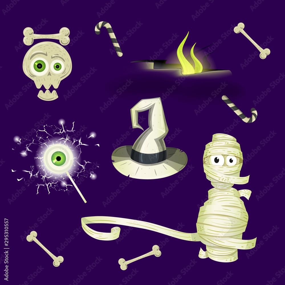 Halloween Set. Mummy, sweets, witch hat, bones, skull and monster from ...