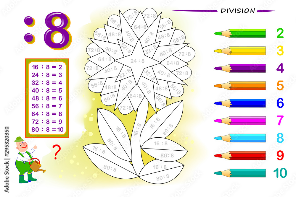 Division by number 8. Math exercises for kids. Paint the picture ...