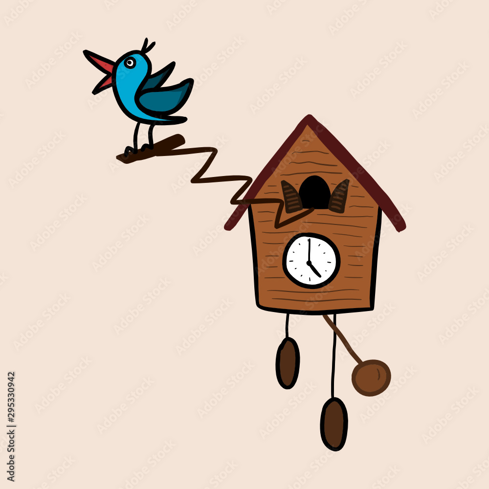 Cartoon cuckoo clock. Hand drawn funny doodle illustration of a bird ...