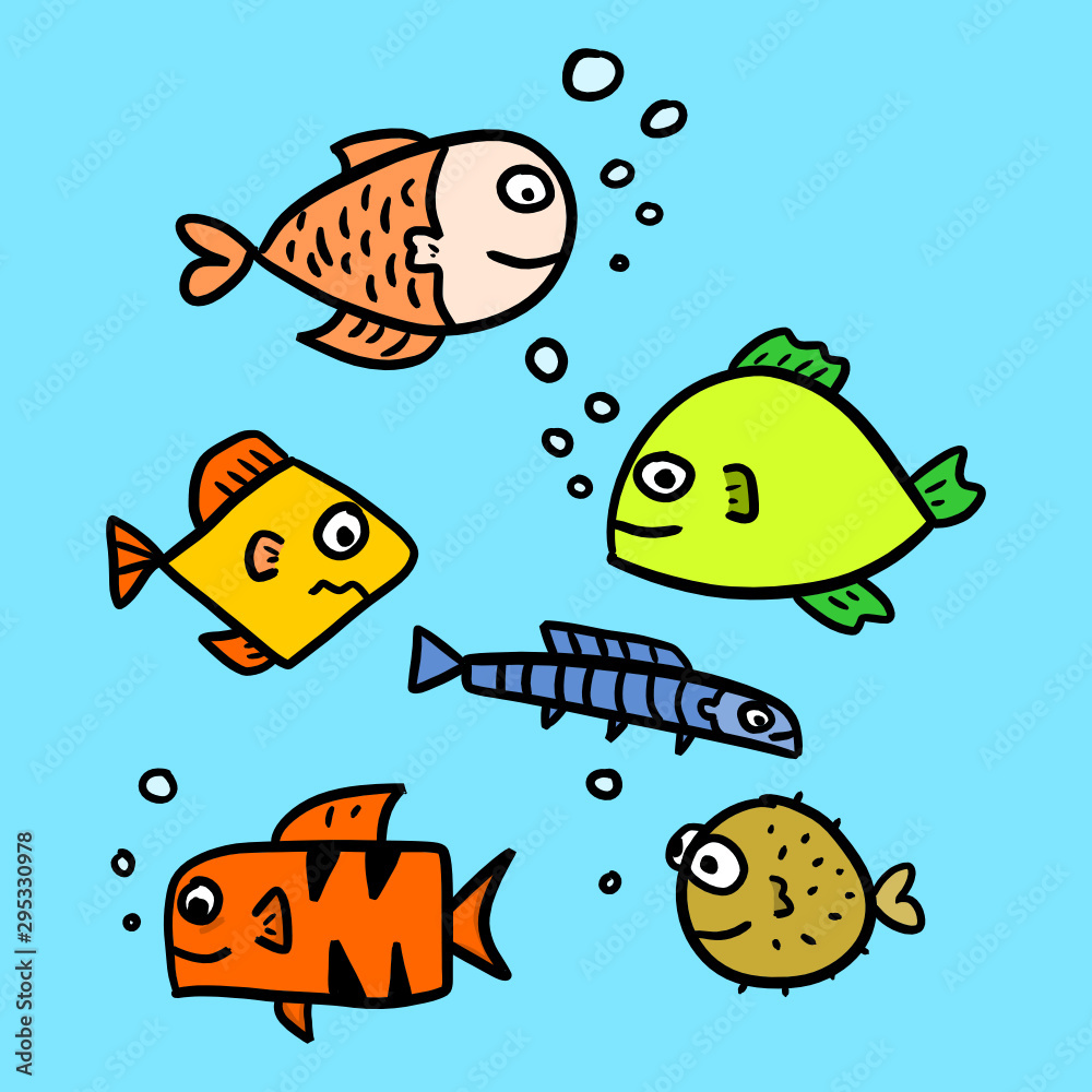 Colorful cartoon fish set. Different hand drawn doodle fish shapes in ...