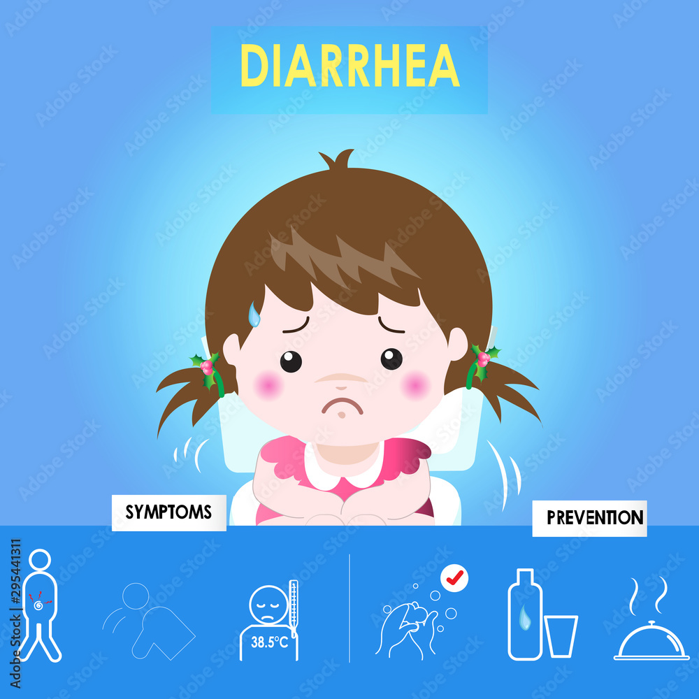 Infographics of diarrhea. Kid girl diarrhea with cough and red skin ...