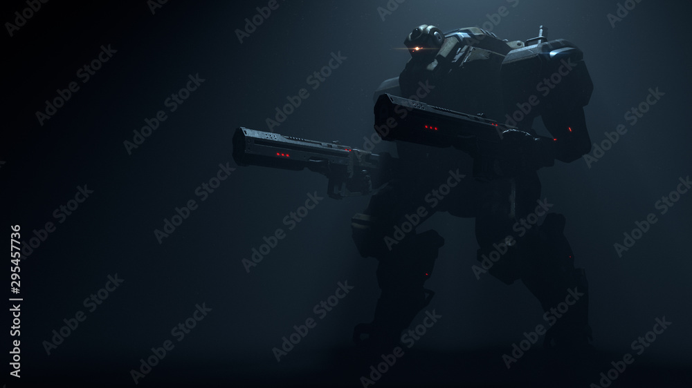 3d illustration of night action scene of sci-fi mech soldier standing ...
