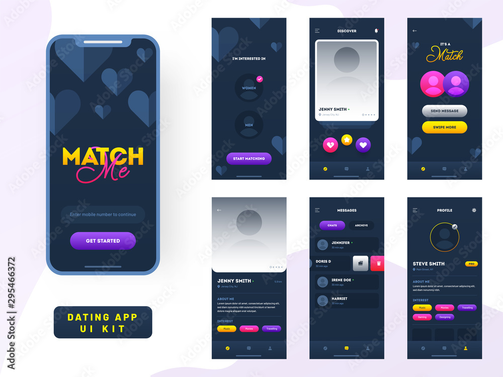 Dating app ui kit for responsive mobile app or website with different ...