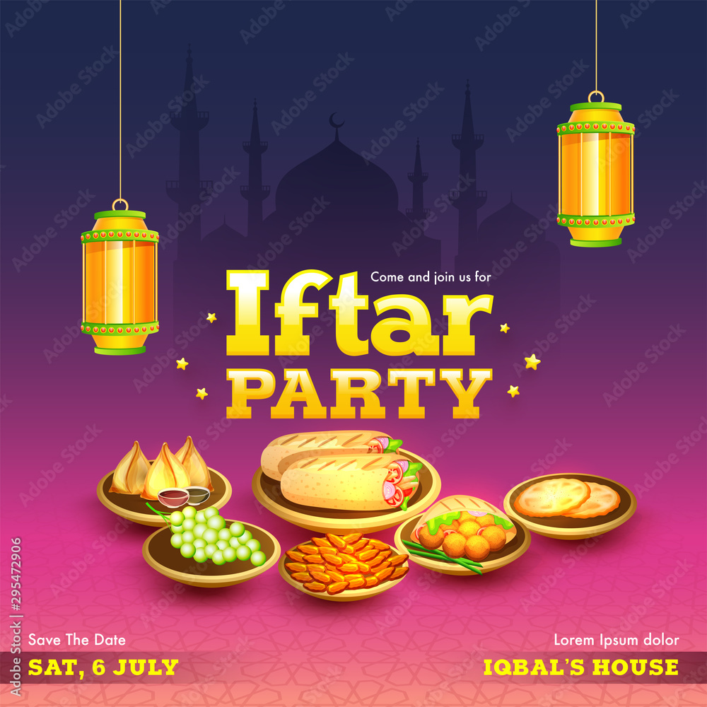 Hanging beautiful lanterns on purple background for Iftar Party ...