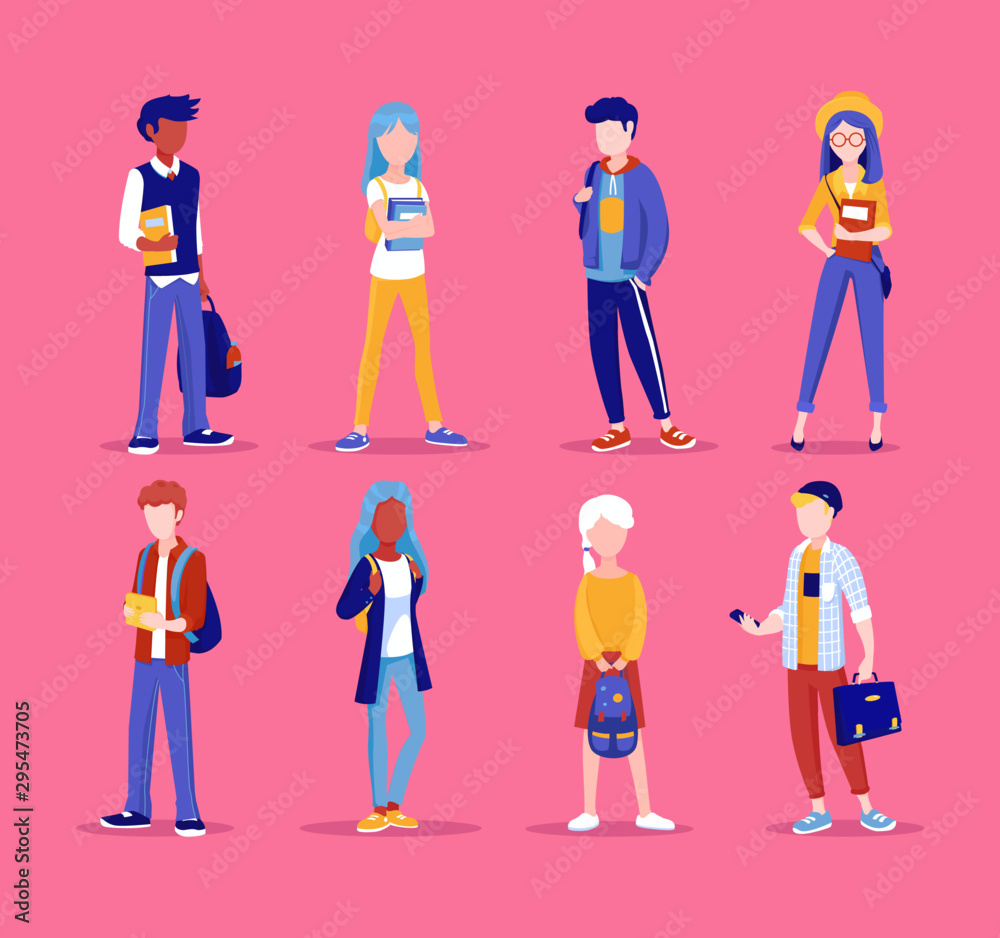 Group of young people, standing together,in different poses. Students ...