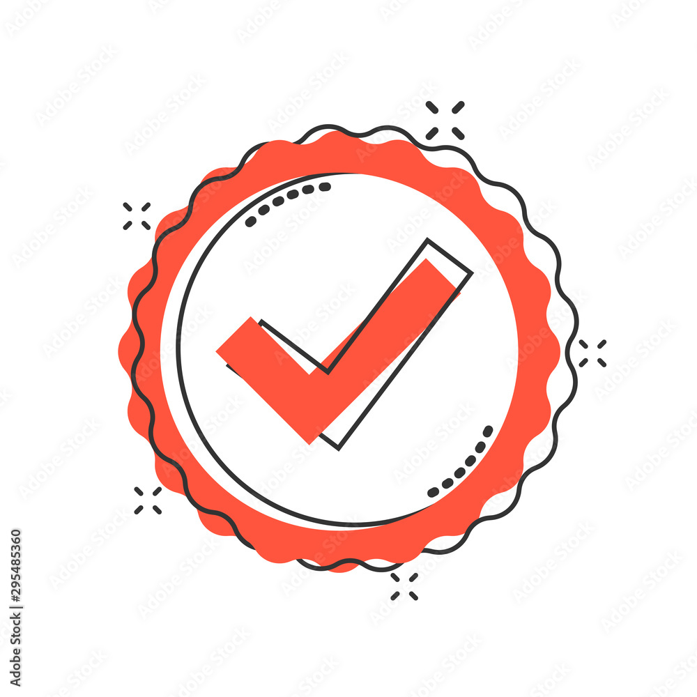 Approved certificate medal icon in comic style. Check mark stamp vector ...
