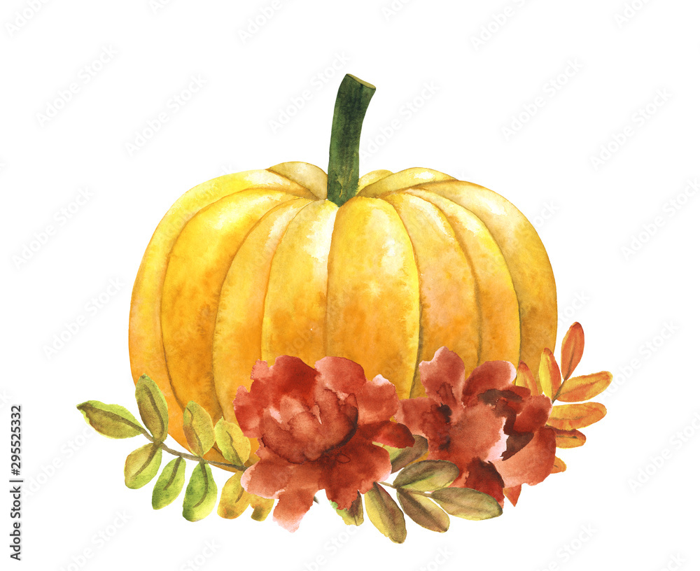 Watercolor pumpkin and flowers isolated on white. Clip art for ...