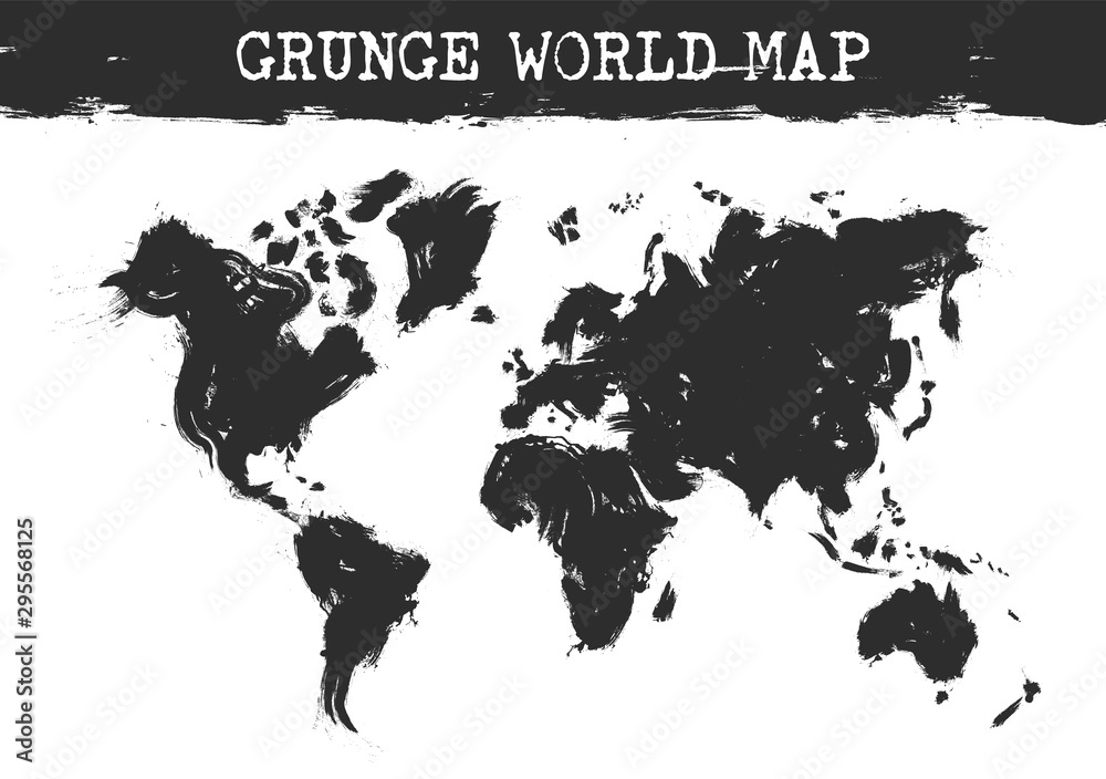 Grunge world map . Realistic black ink color painting design . White ...