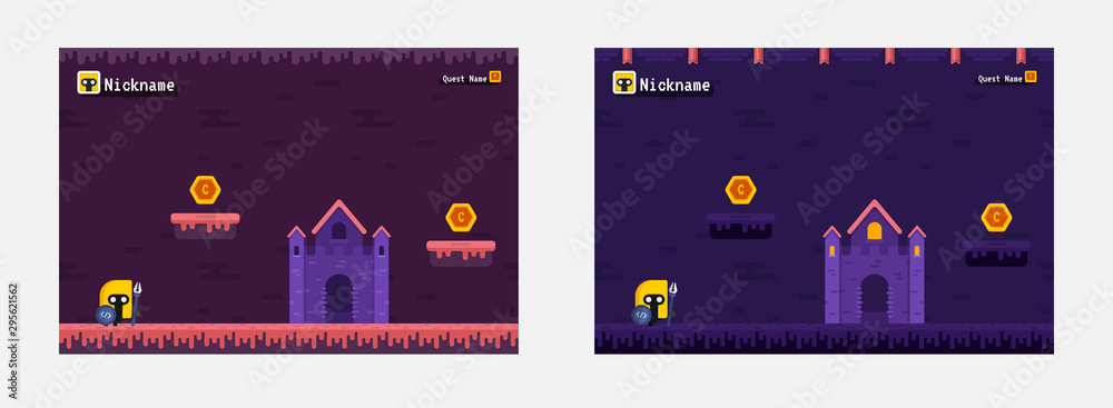 Game level design. Flat style 2d game. Castle, knight, coins, arcade ...