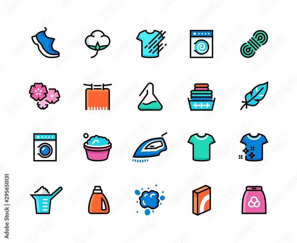 Laundry line icons. Machine and hand wash, sport wool synthetic fabric ...