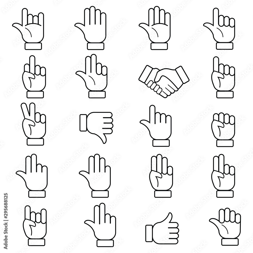 Hand gestures and sign language thin line icon set. Hand gestures line, Hand sign, Isolated ...