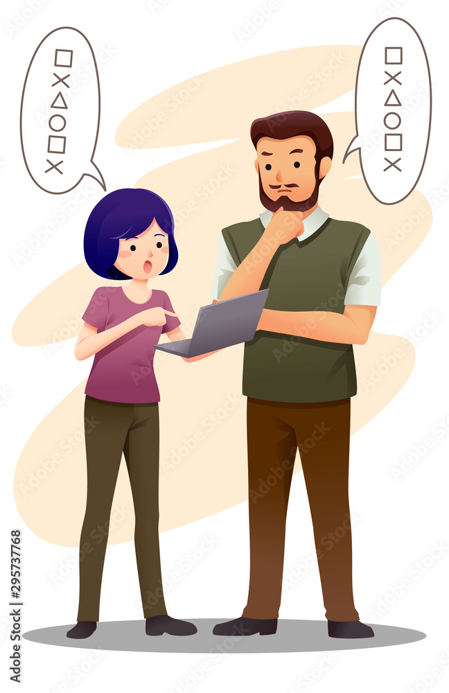character cartoon of two business people talking about work on the ...